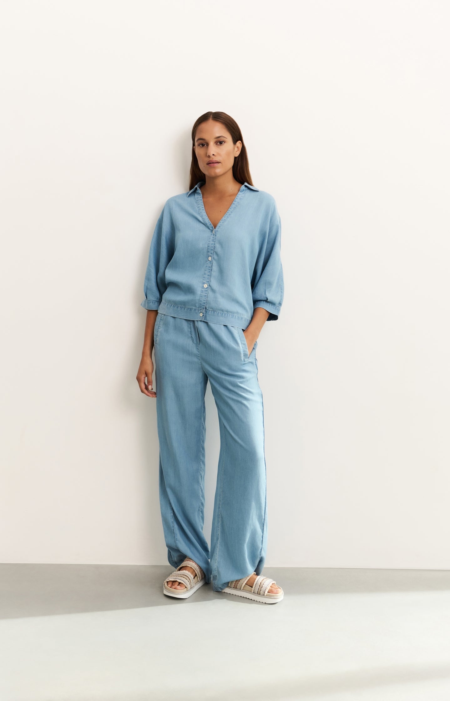 Chambray broek met wijde pijpen