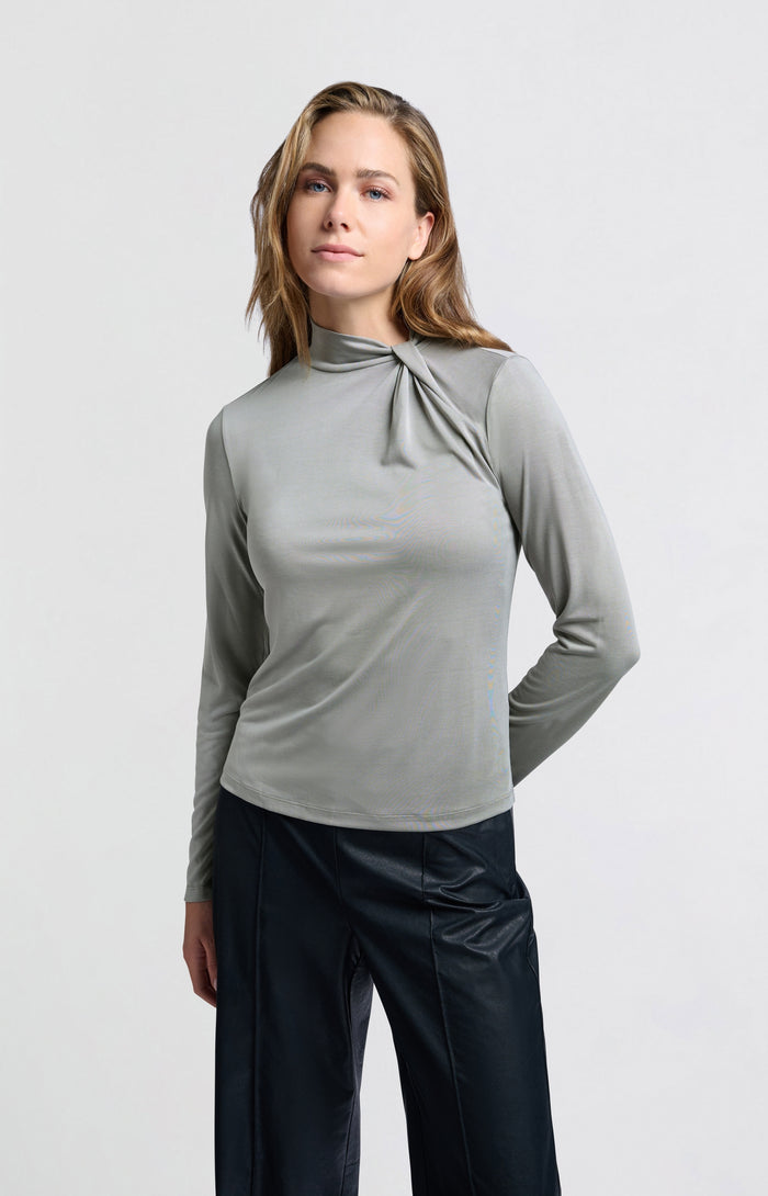 Jersey-Oberteil mit Knotendetail am Kragen und langen Ärmeln