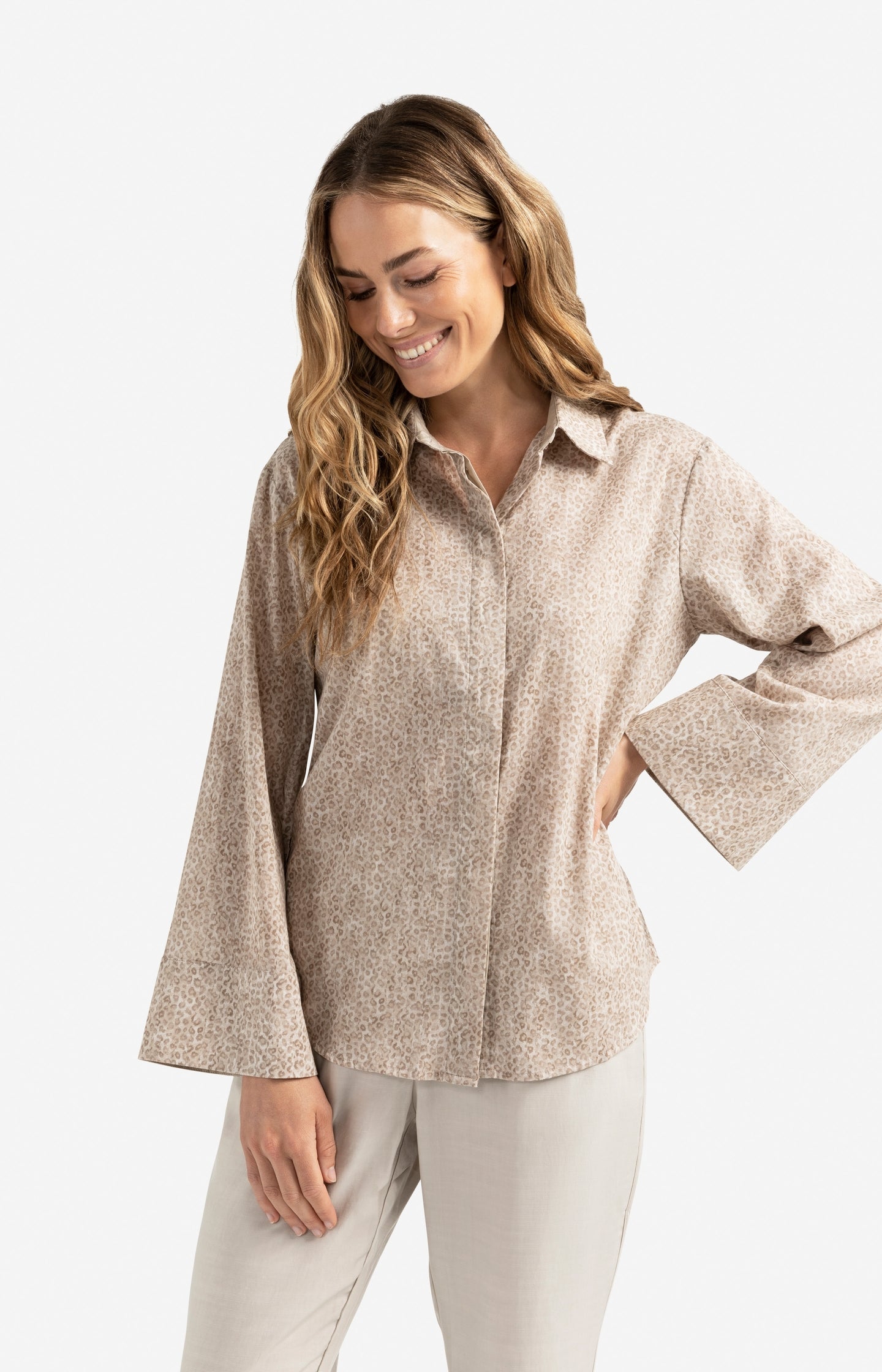 Leopard print blouse with back button detail