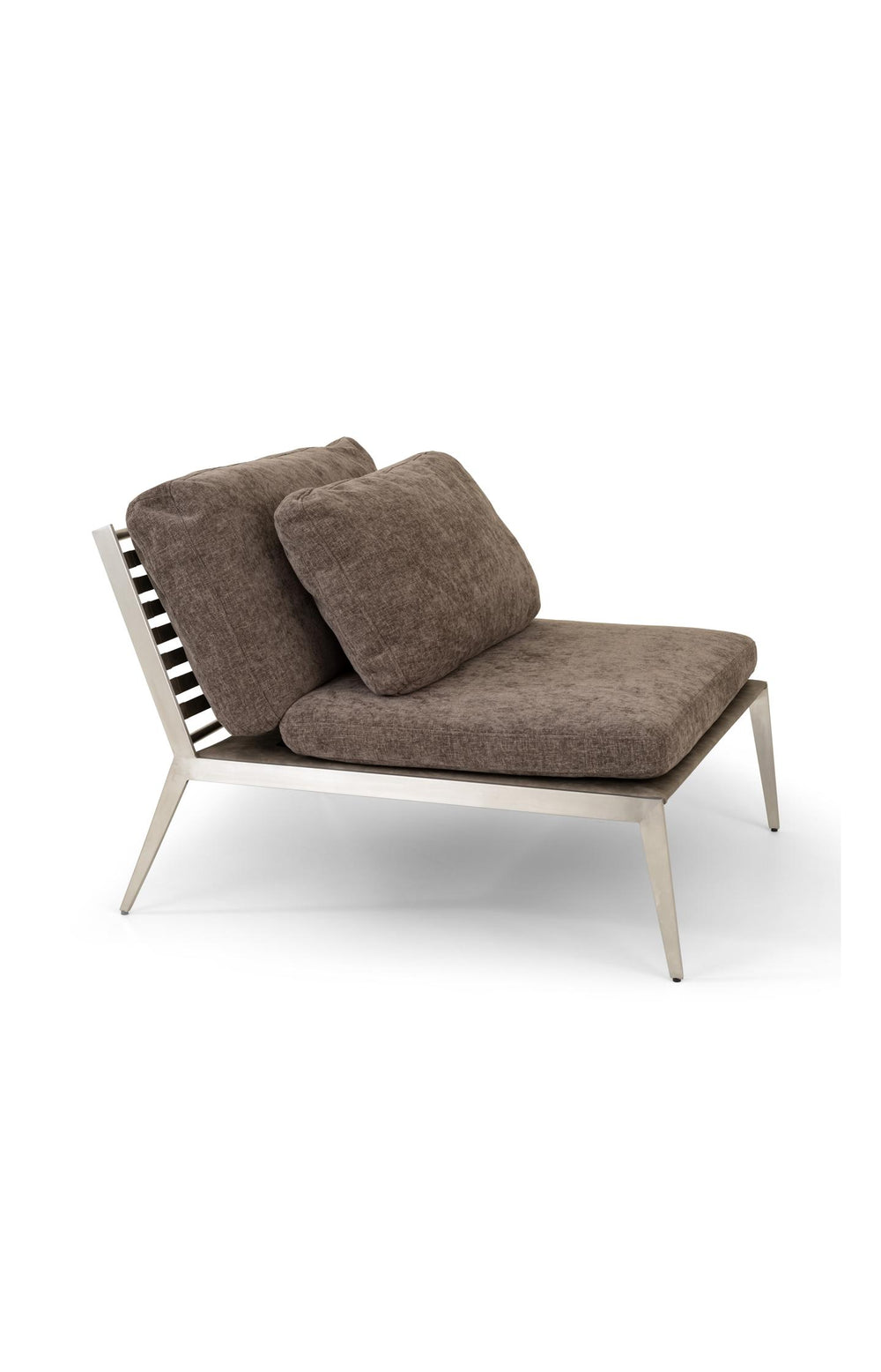 Low lounge chair with steel frame and soft cushions