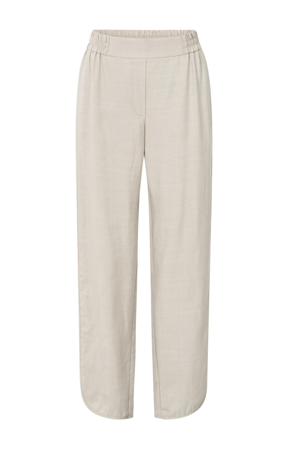 Woven trousers with elastic waistband and curved hem